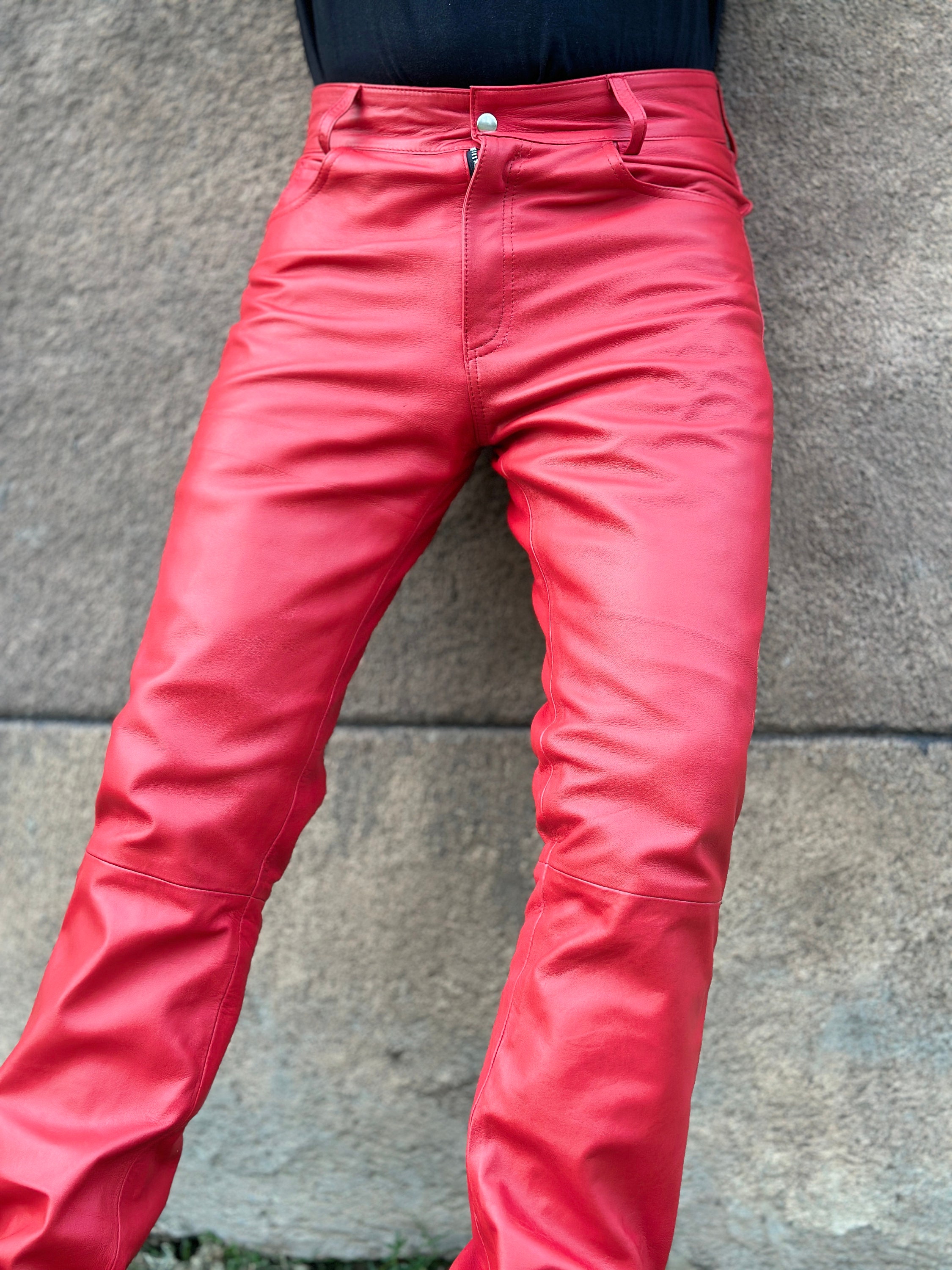 Men's Red 100% Genuine Lambskin Leather Motorcycle Pant, Men's Red Real ...