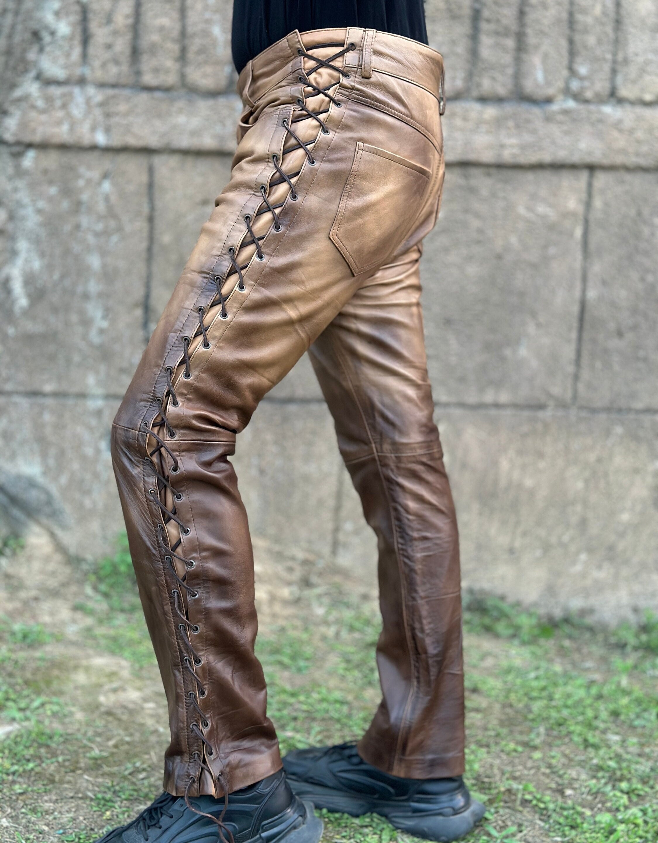 Mens brown leather pants store