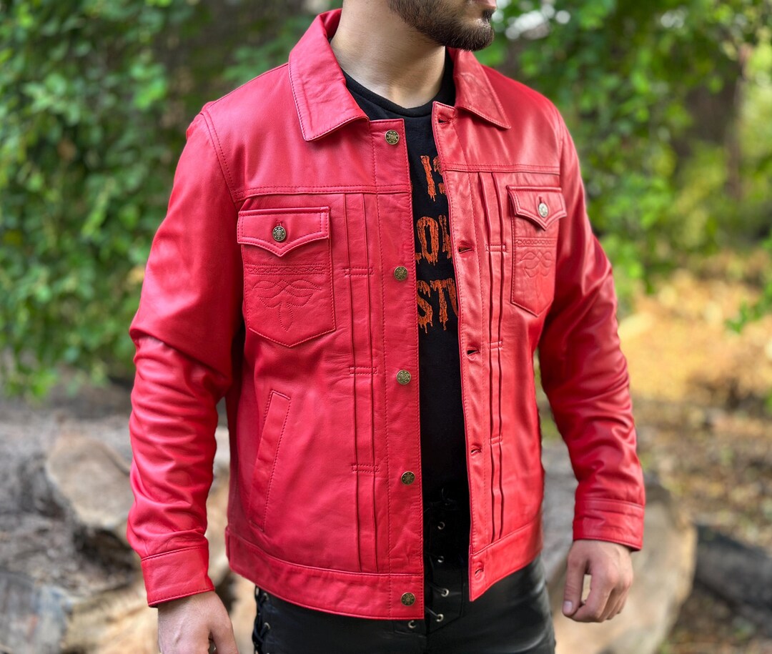 Men's Red Leather Trucker Biker Jacket, Scully Western Style Red ...