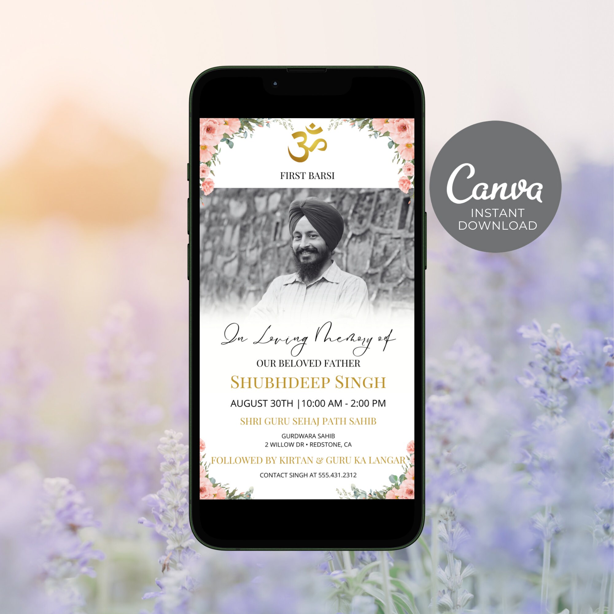 Sikh Funeral Invite, Men First Barsi Invitation, Editable Digital ...