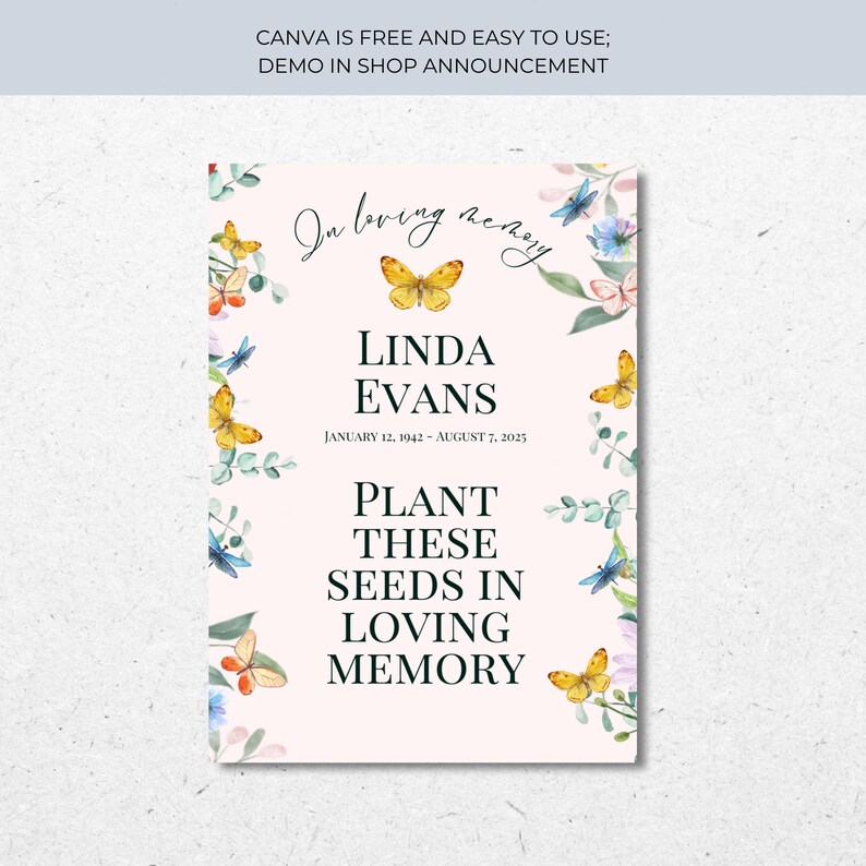 Funeral Favor Sign, Seed Packet Token Gift Poster, Editable Memorial ...