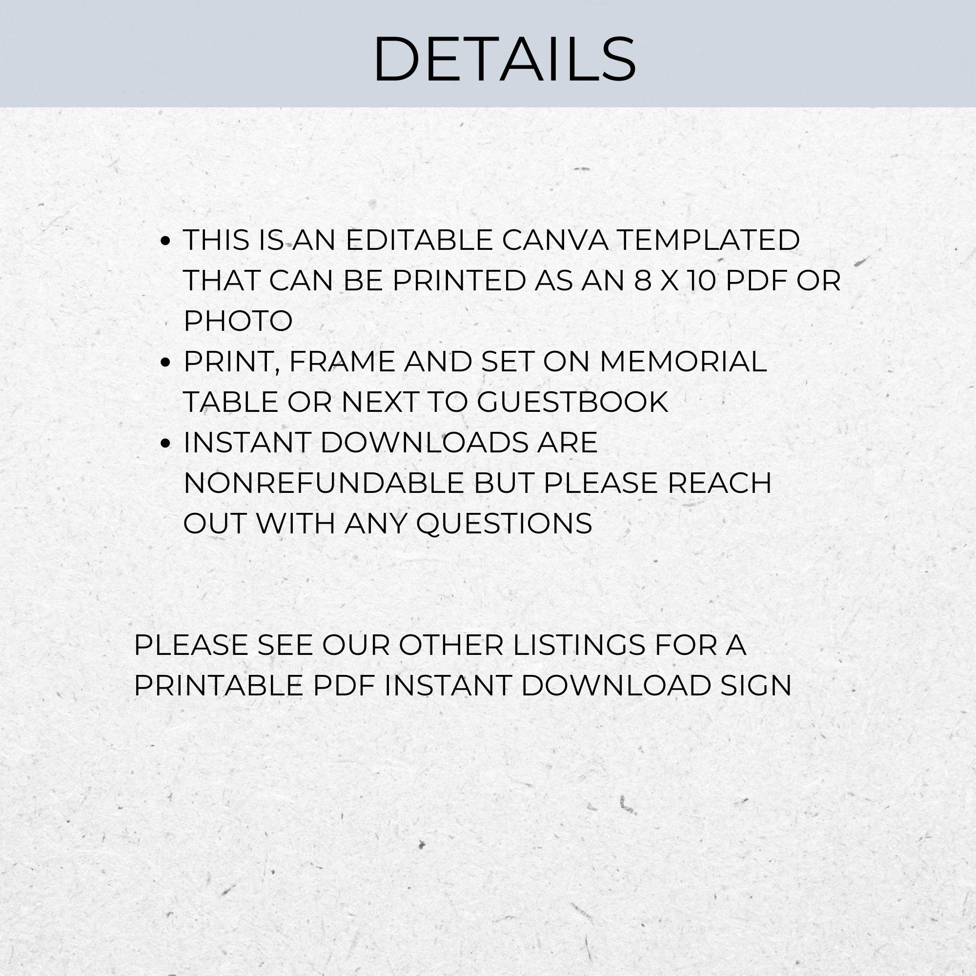Memorial Table Sign Template, Personalized Memory Table Sign, Memorial ...