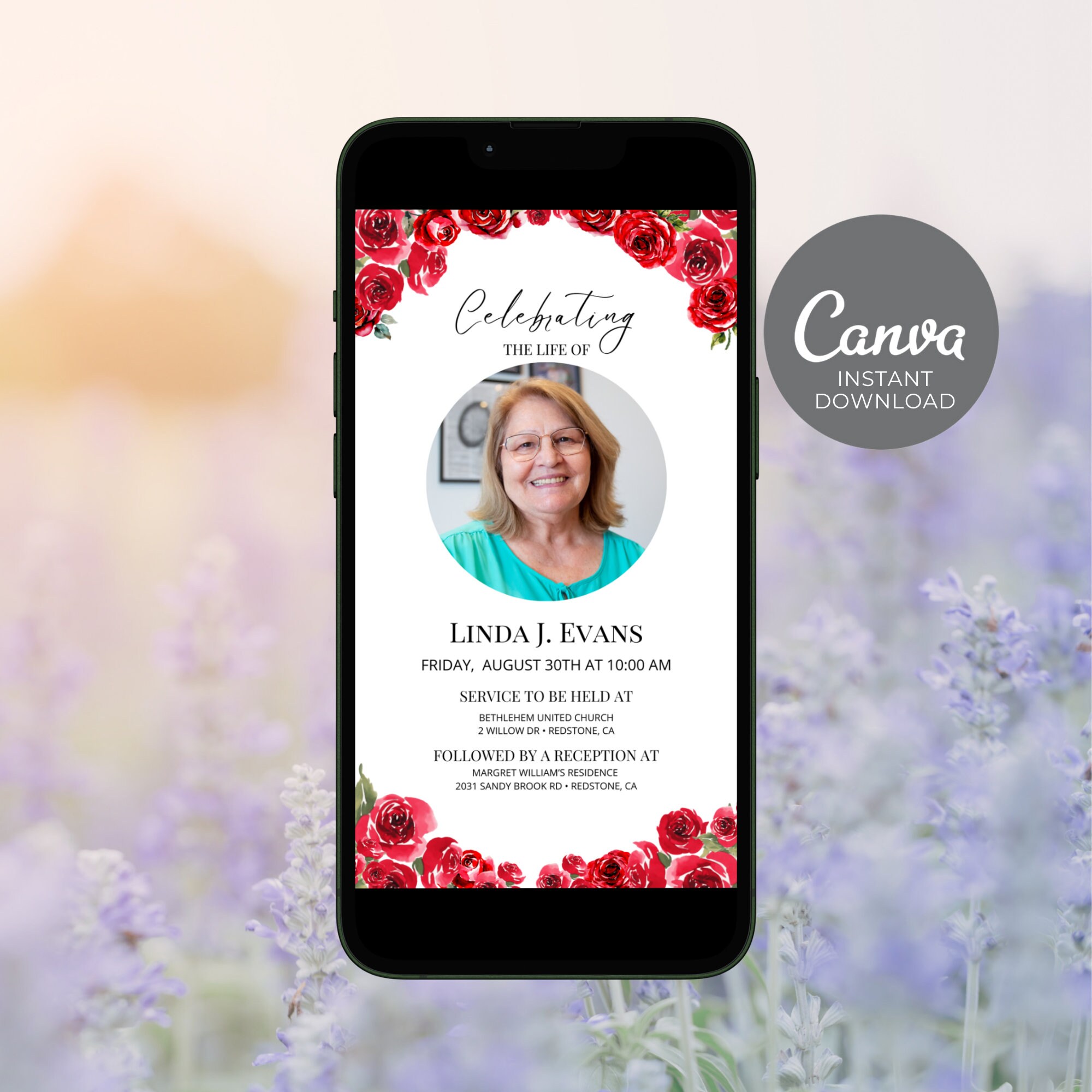 Funeral Announcement, Red Rose Obituary Template, Celebration of Life ...