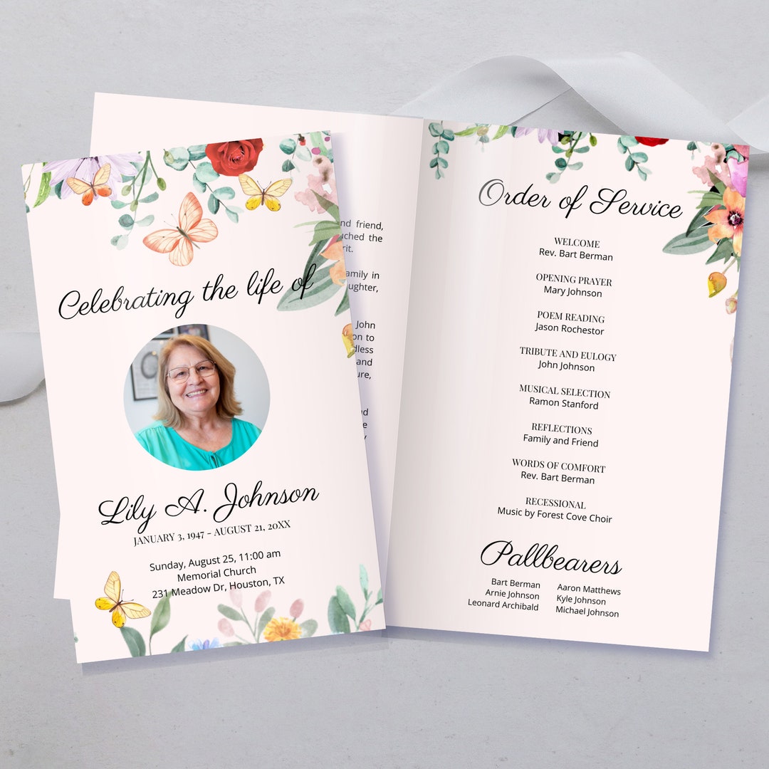 Funeral Obituary Template, Canva 4 Page Folded Memorial Program, Church ...