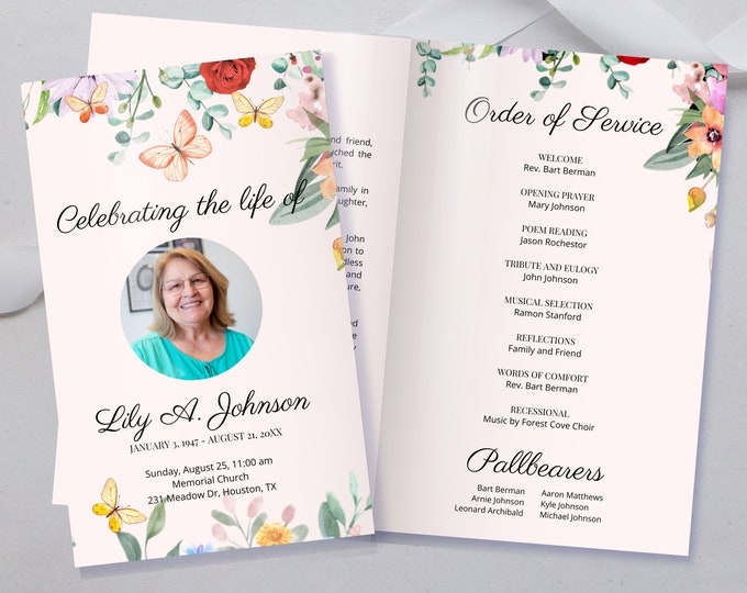Colorful Butterfly Funeral Program, Obituary Template, Celebration of ...