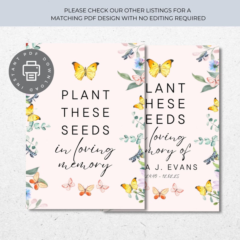 Funeral Favor Sign, Seed Packet Token Gift Poster, Editable Memorial ...
