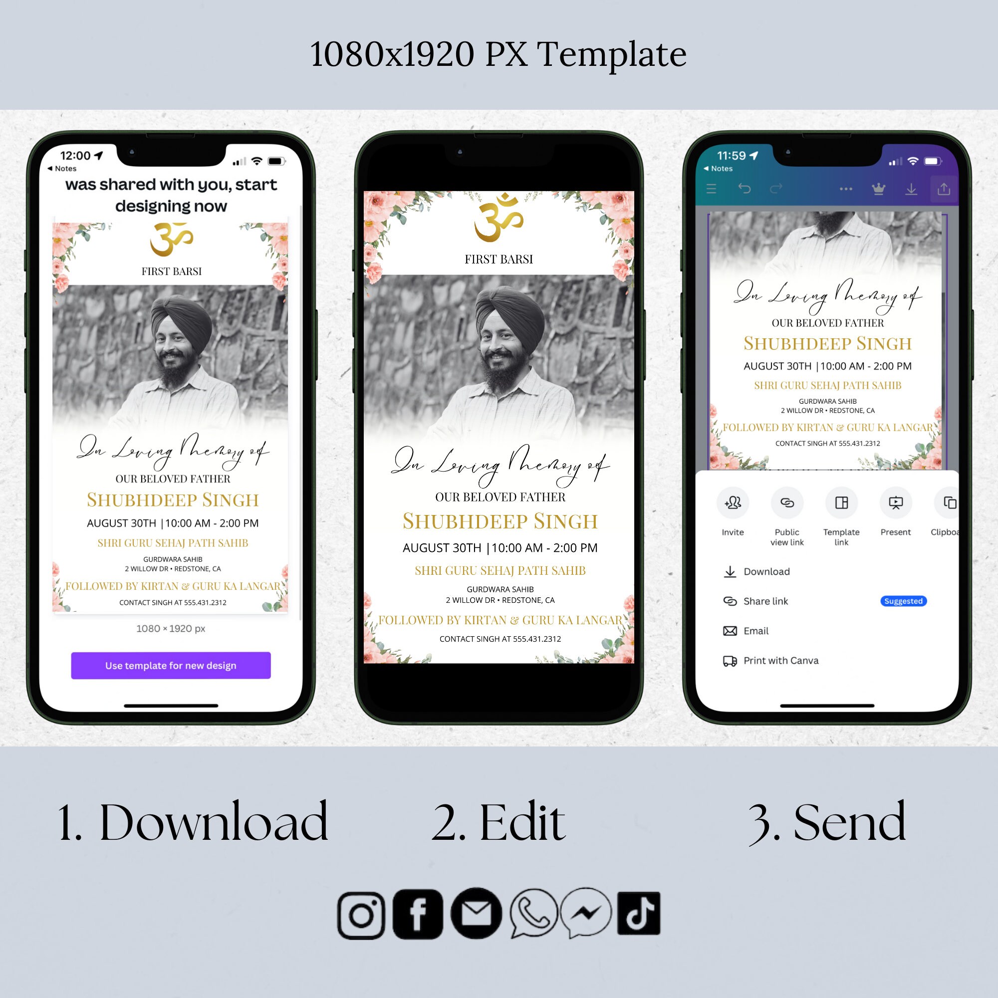 Sikh Funeral Invite, Men First Barsi Invitation, Editable Digital ...