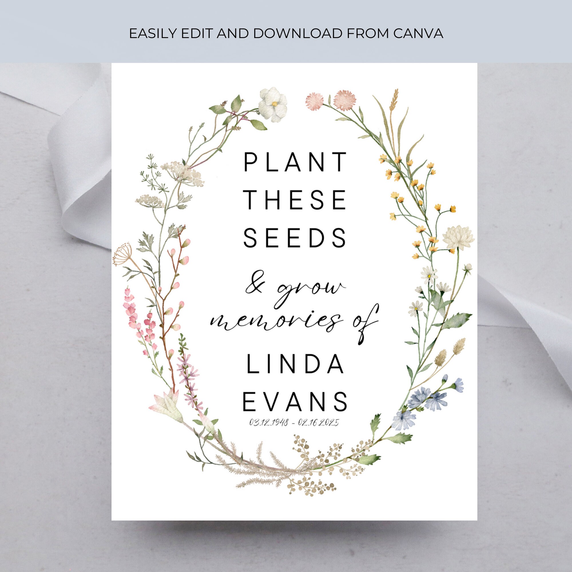 Funeral Favor Sign, Seed Packet Token Gift Poster, Editable Memorial ...