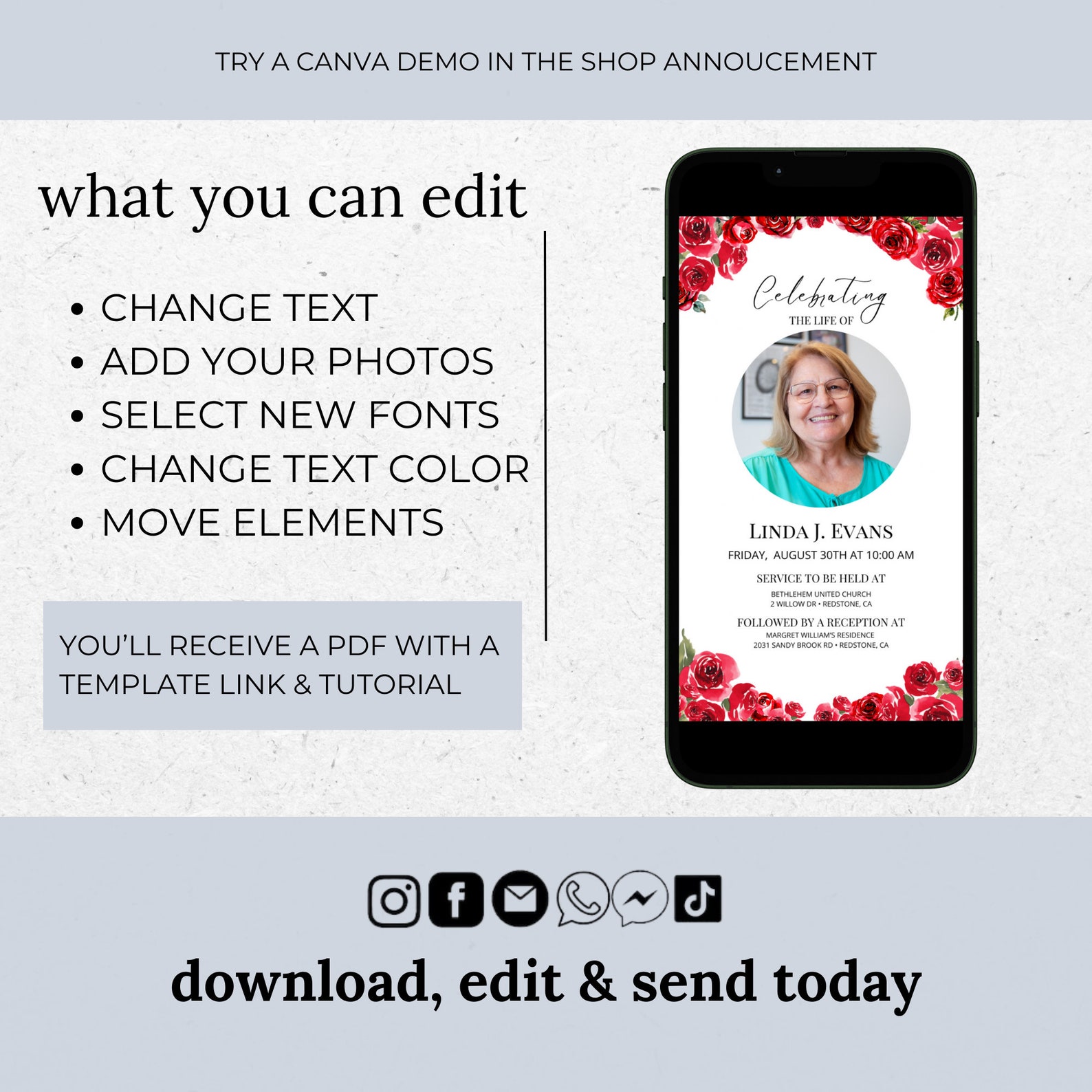 Funeral Announcement, Red Rose Obituary Template, Celebration of Life ...