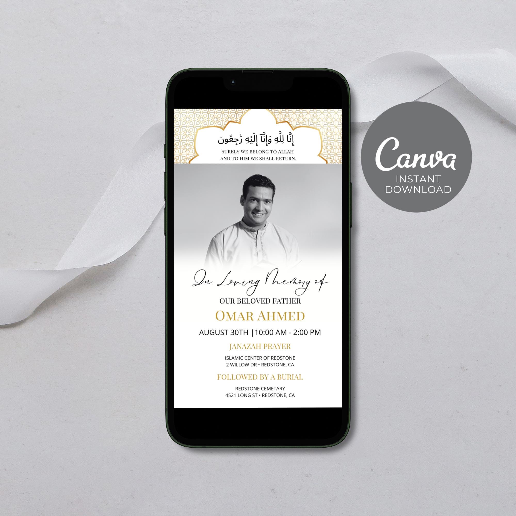 Muslim Funeral Invite, Janazah Invitation for Men, Islamic Digital ...