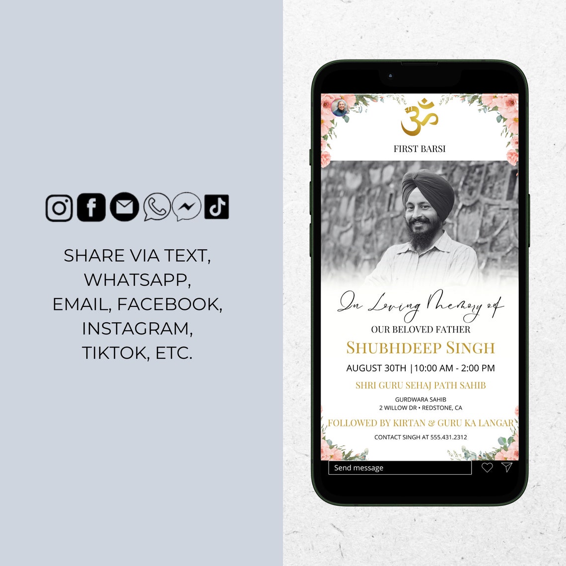 Sikh Funeral Invite, Men First Barsi Invitation, Editable Digital ...