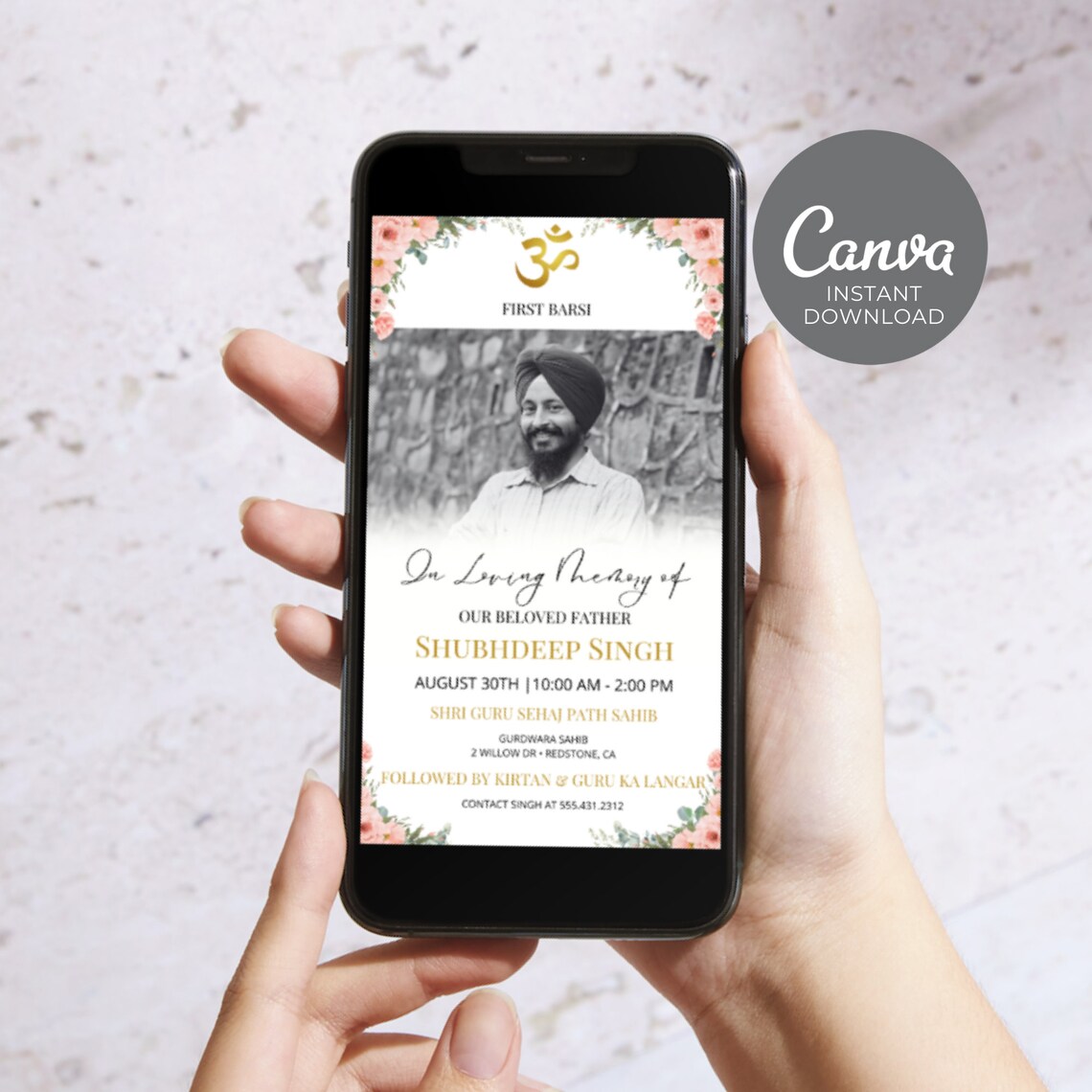 Sikh Funeral Invite, Men First Barsi Invitation, Editable Digital ...