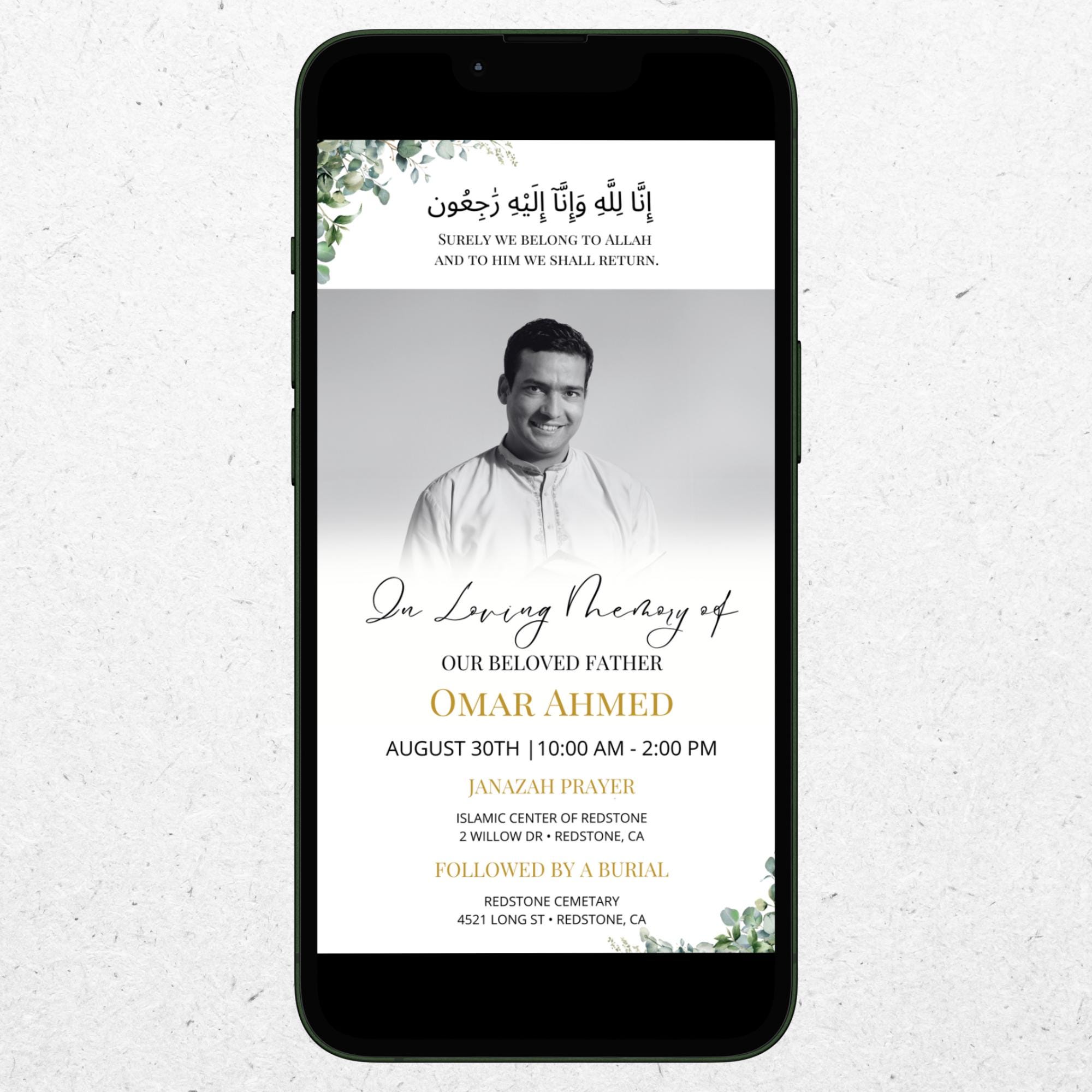 Muslim Funeral Invite, Janaza Invitation for Men, Islamic Digital ...