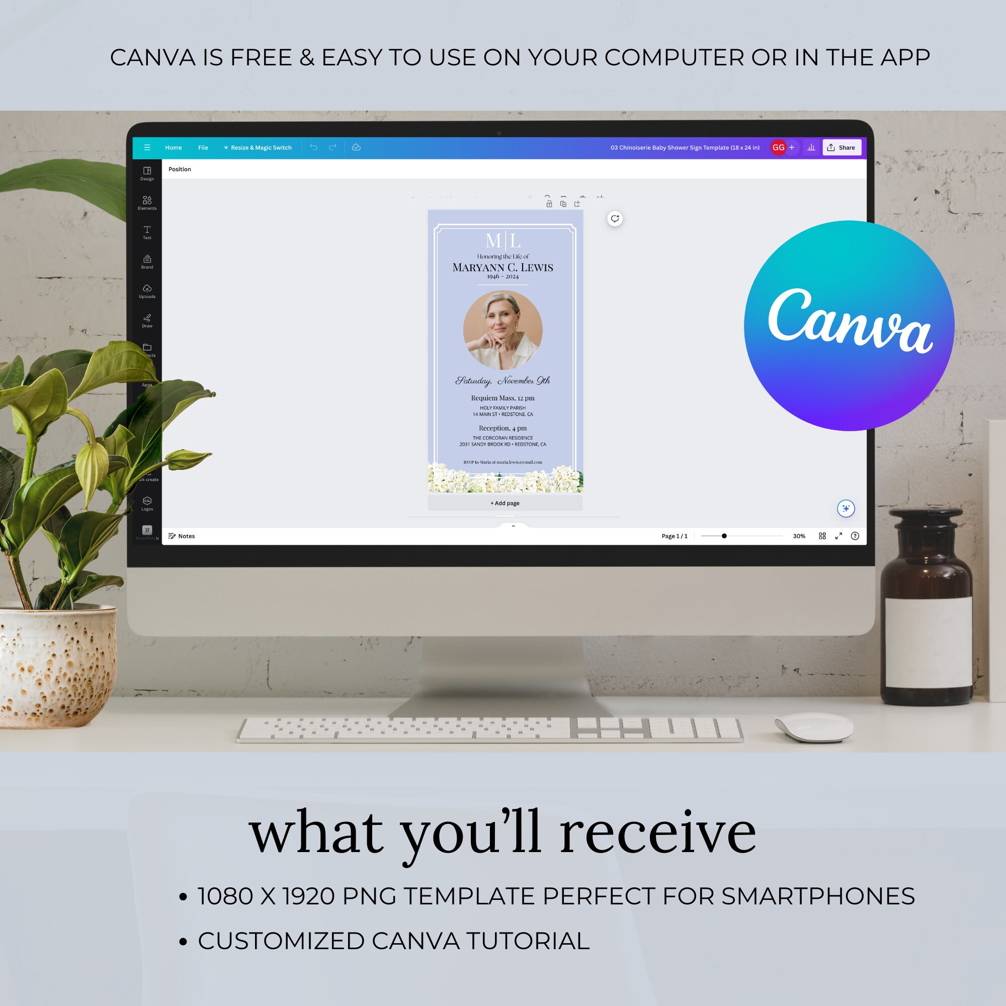 Digital Funeral Announcement, Monogram Celebration of Life Template ...