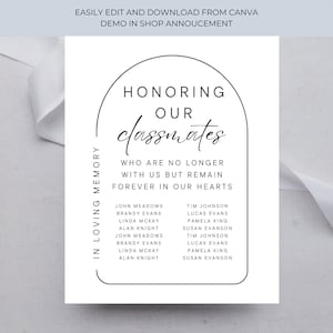 Class Reunion Memorial Sign, Honoring Our Classmates Poster, in Loving ...