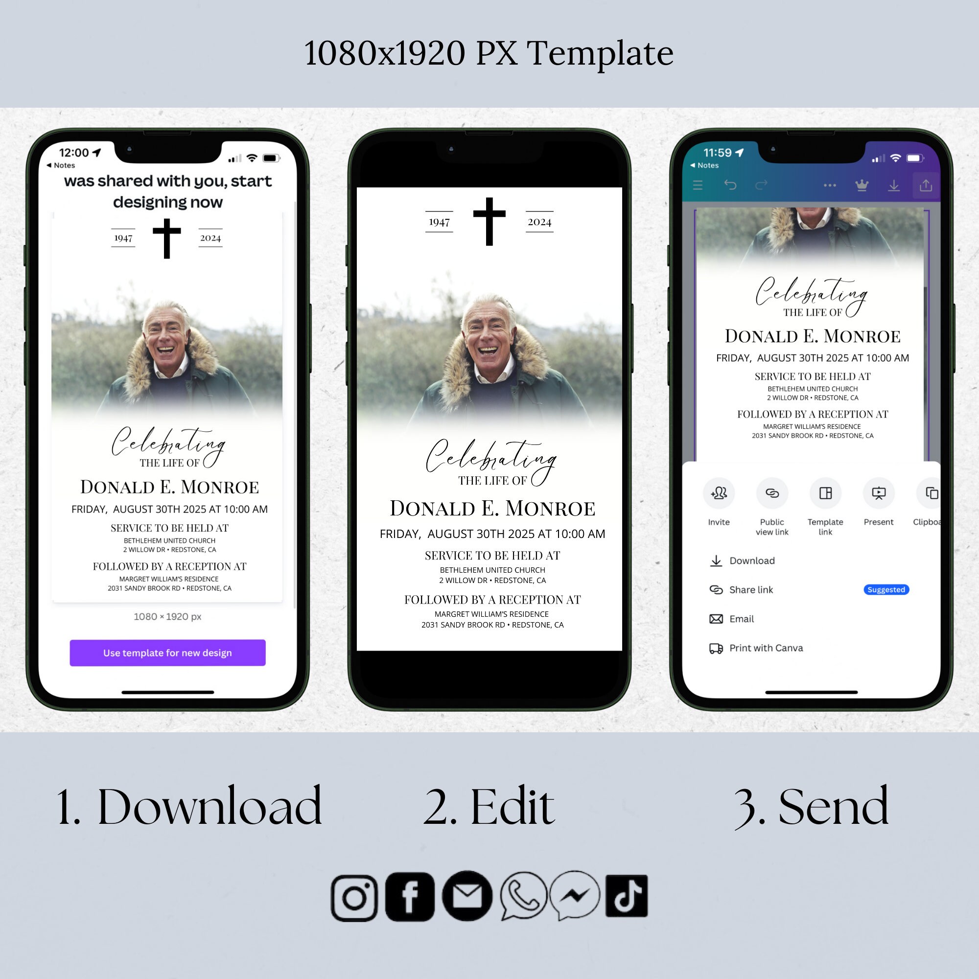 Digital Funeral Invitation With Cross, Editable Religious Electronic ...