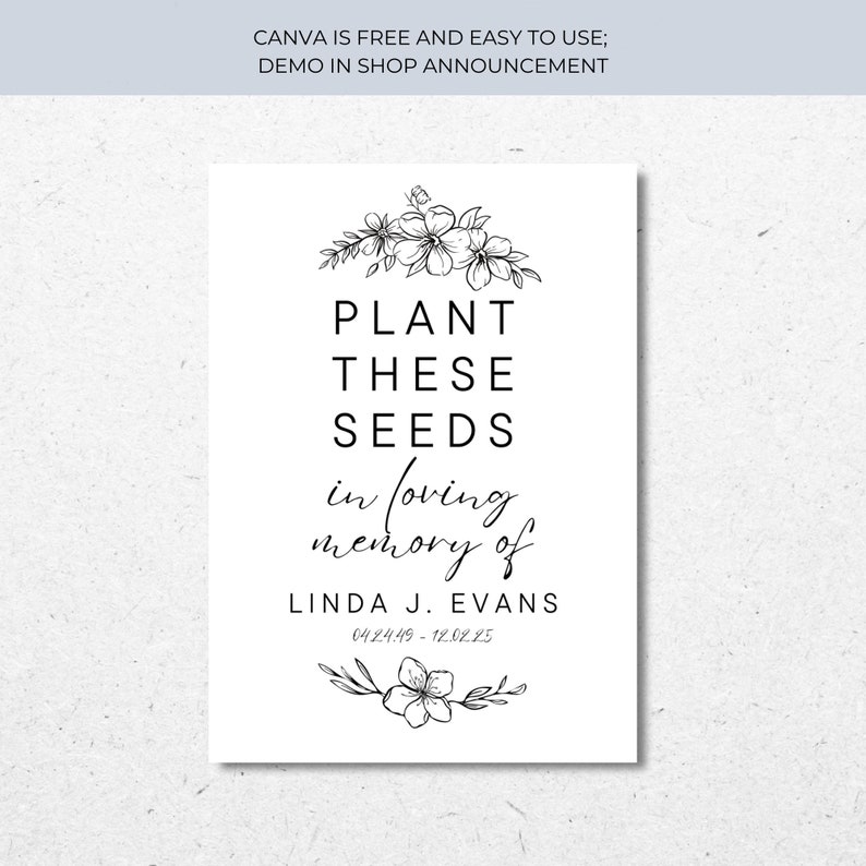 Funeral Favor Sign, Seed Packet Token Gift Poster, Editable Memorial ...