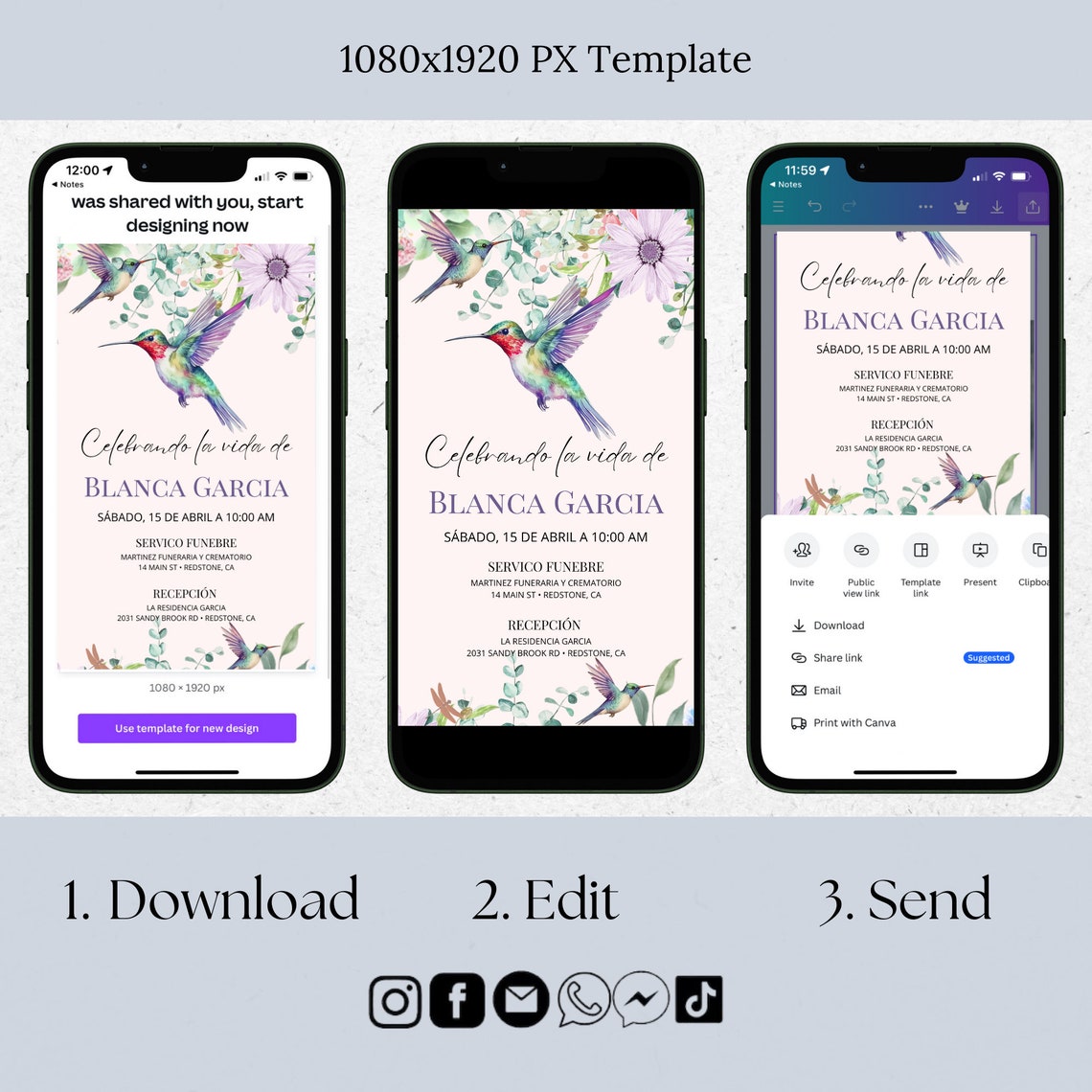 Spanish Funeral Announcement With Hummingbird, Digital Celebration of ...