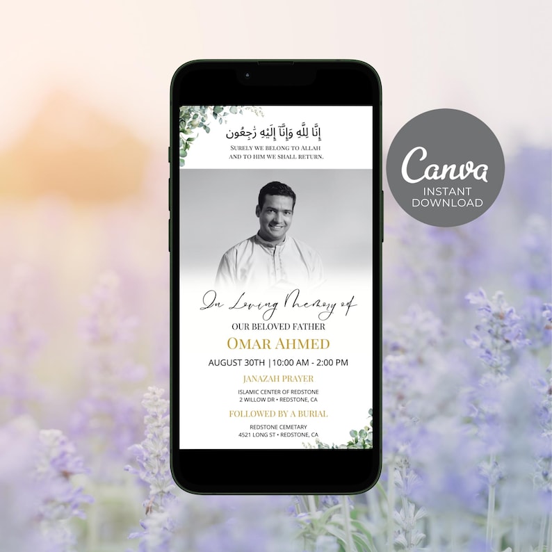 Muslim Funeral Invite, Janaza Invitation for Men, Islamic Digital ...