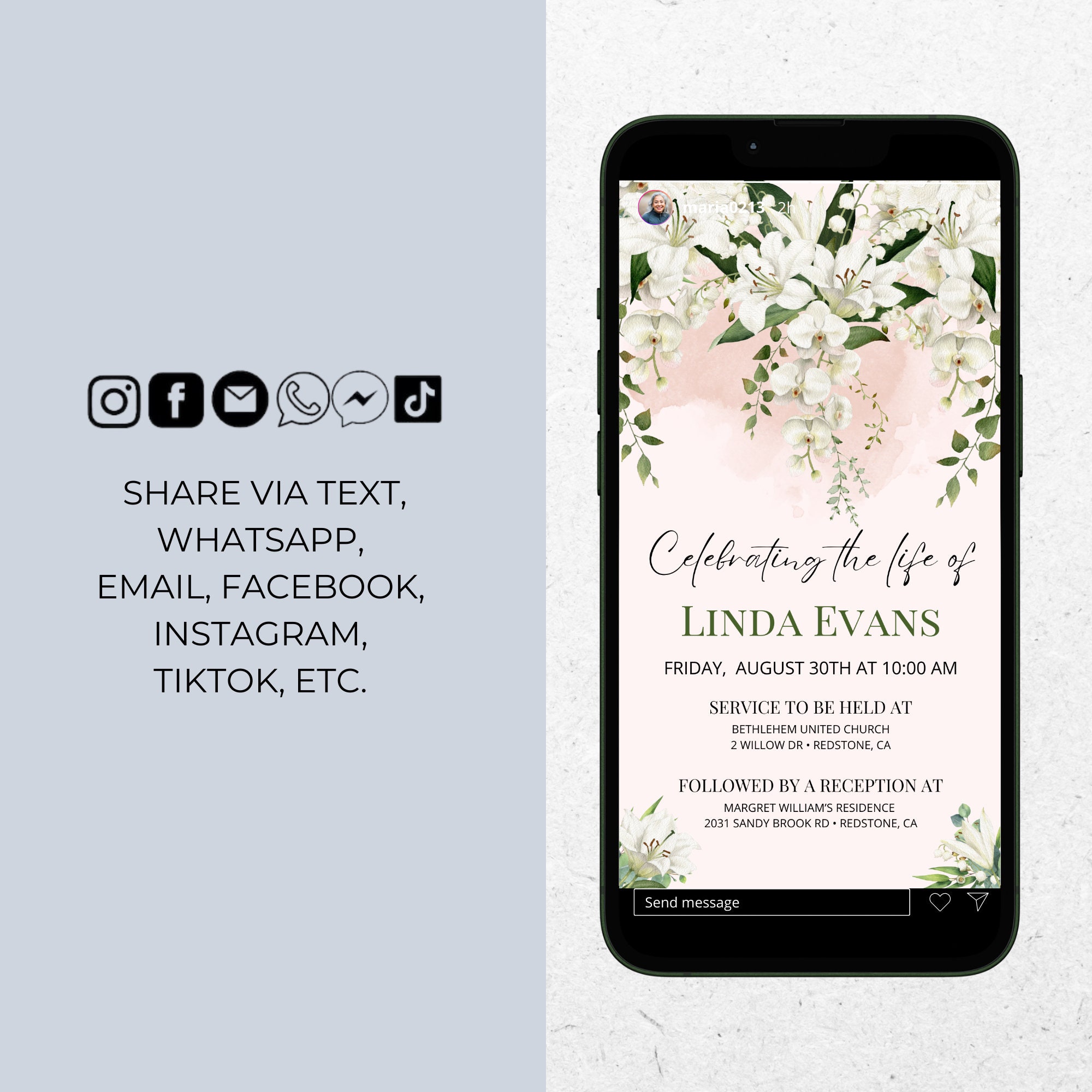 Funeral Announcement With Lily, Digital Obituary Invitation, Flower ...