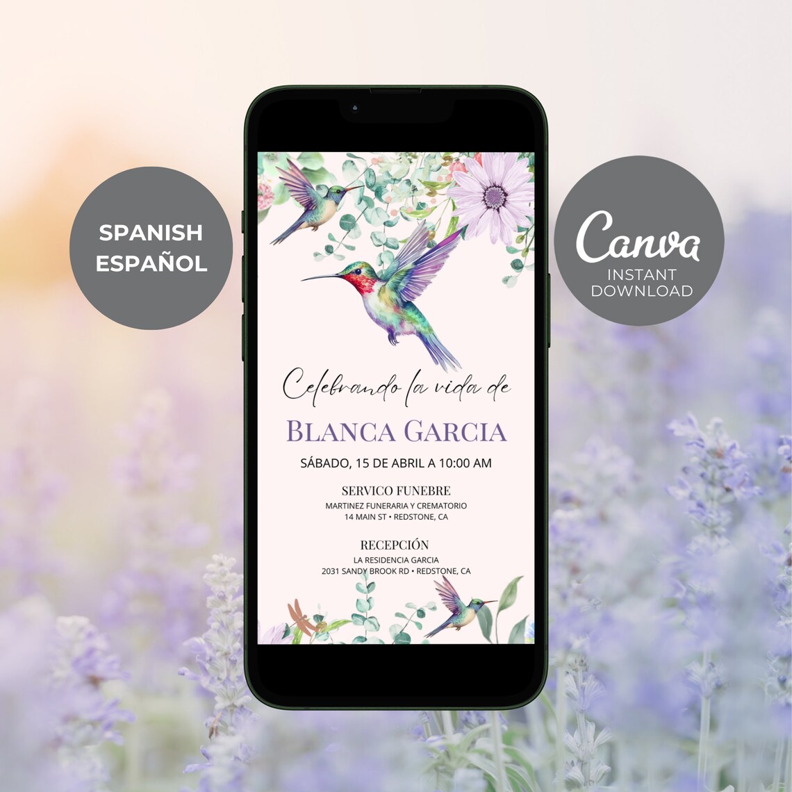 Spanish Funeral Announcement With Hummingbird, Digital Celebration of ...