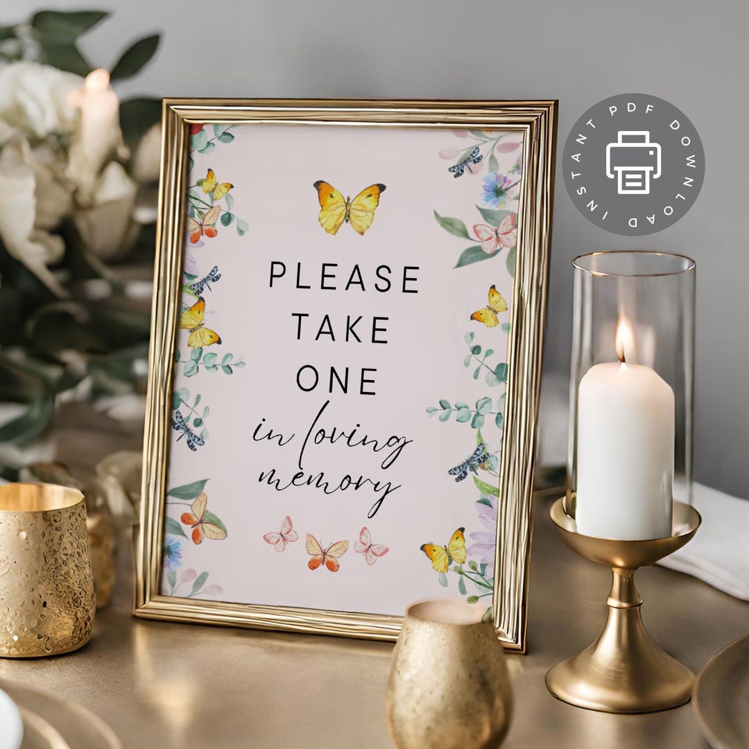 Funeral Favor Sign, Butterfly Token Gift Poster, Memorial Service ...