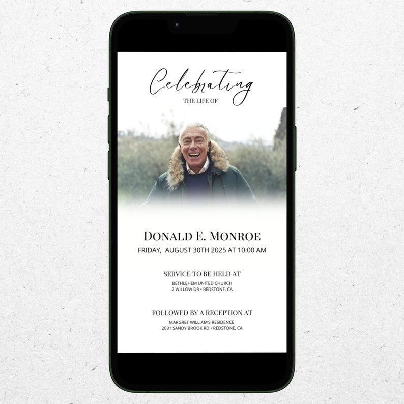 Digital Funeral Invitation Celebration of Life, Editable Electronic ...