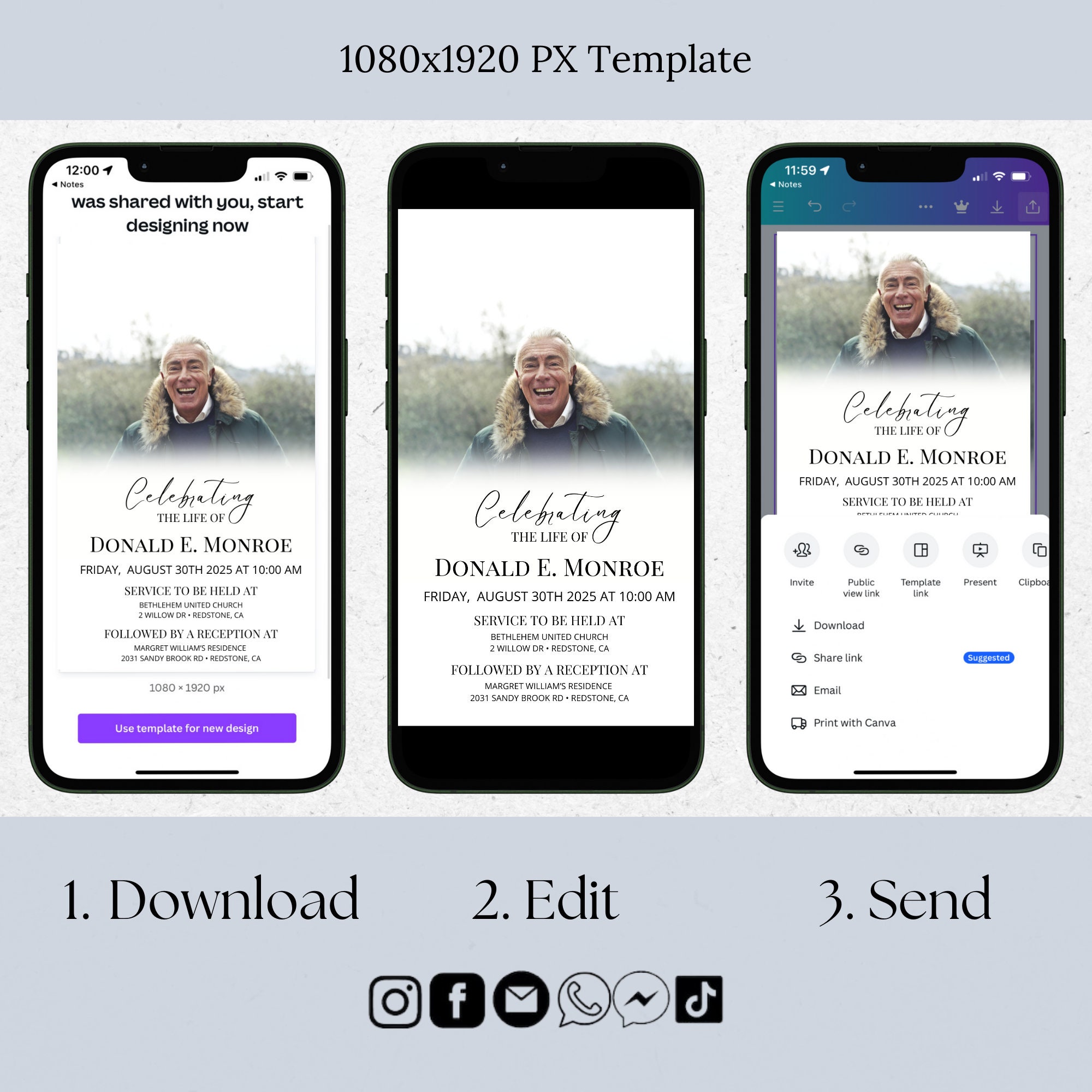 Digital Funeral Invitation Celebration of Life, Editable Electronic ...