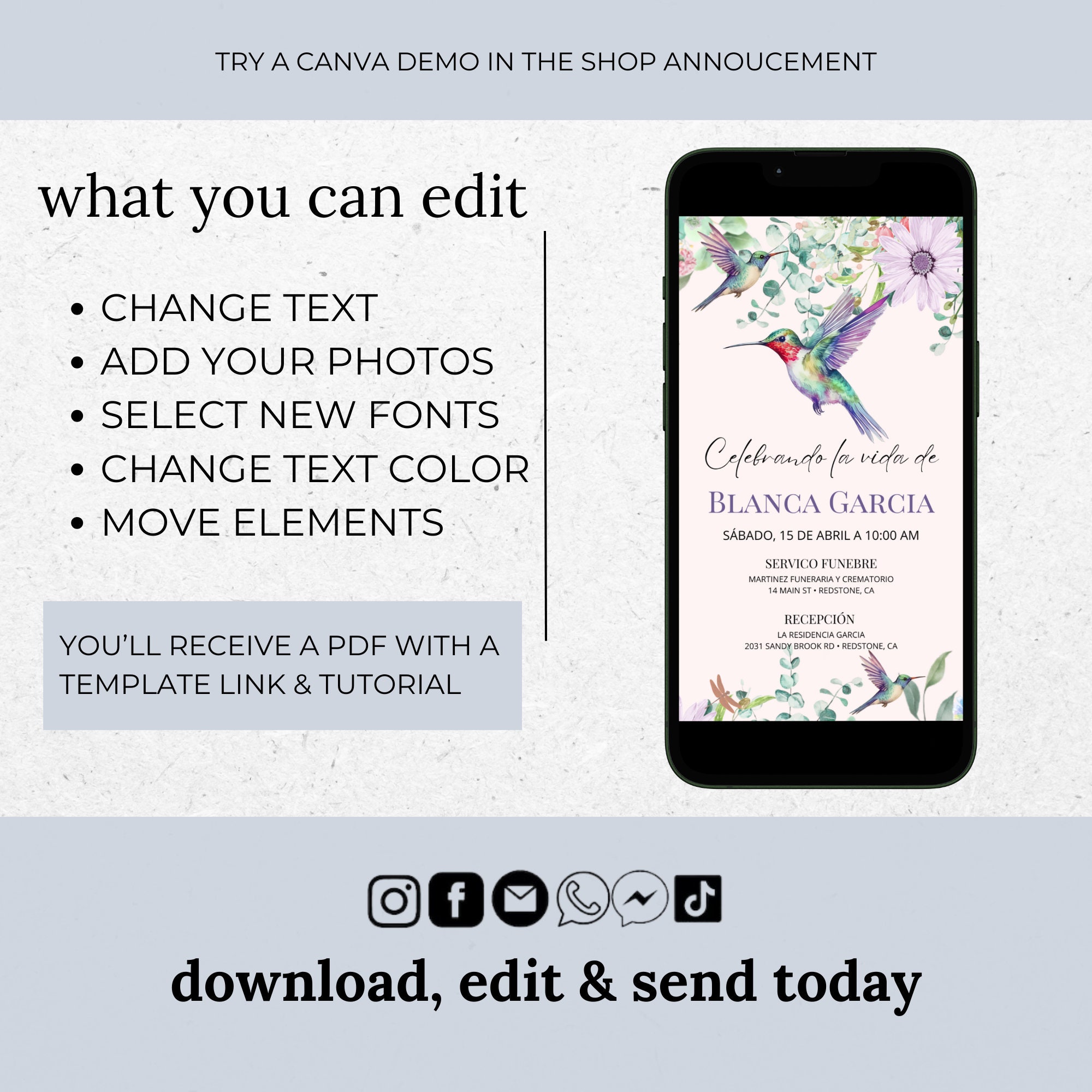 Spanish Funeral Announcement With Hummingbird, Digital Celebration of ...