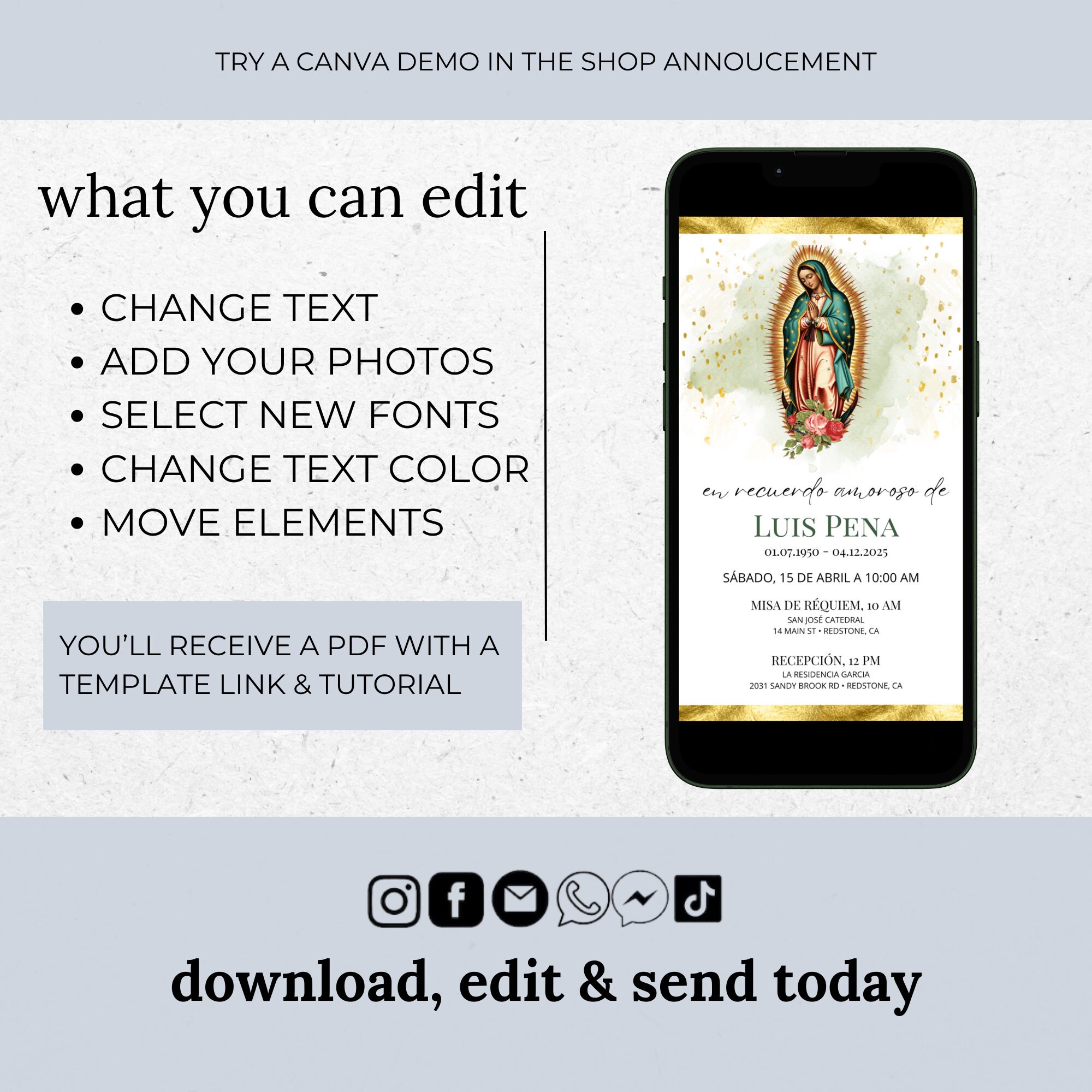 Spanish Funeral Announcement, Catholic Memorial Invite, Virgen Maria ...