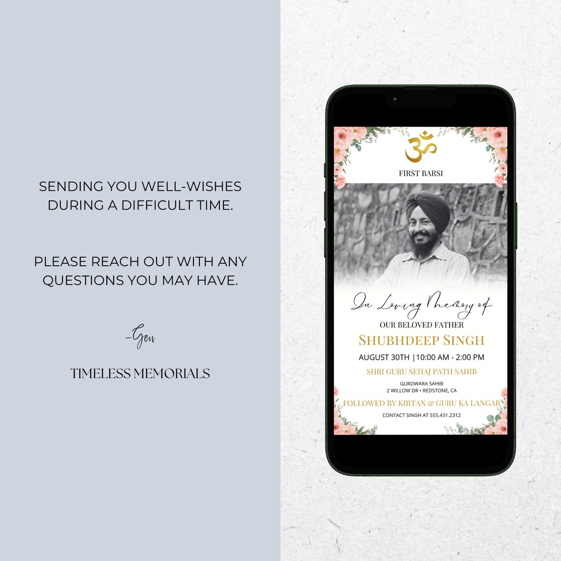 Sikh Funeral Invite, Men First Barsi Invitation, Editable Digital ...