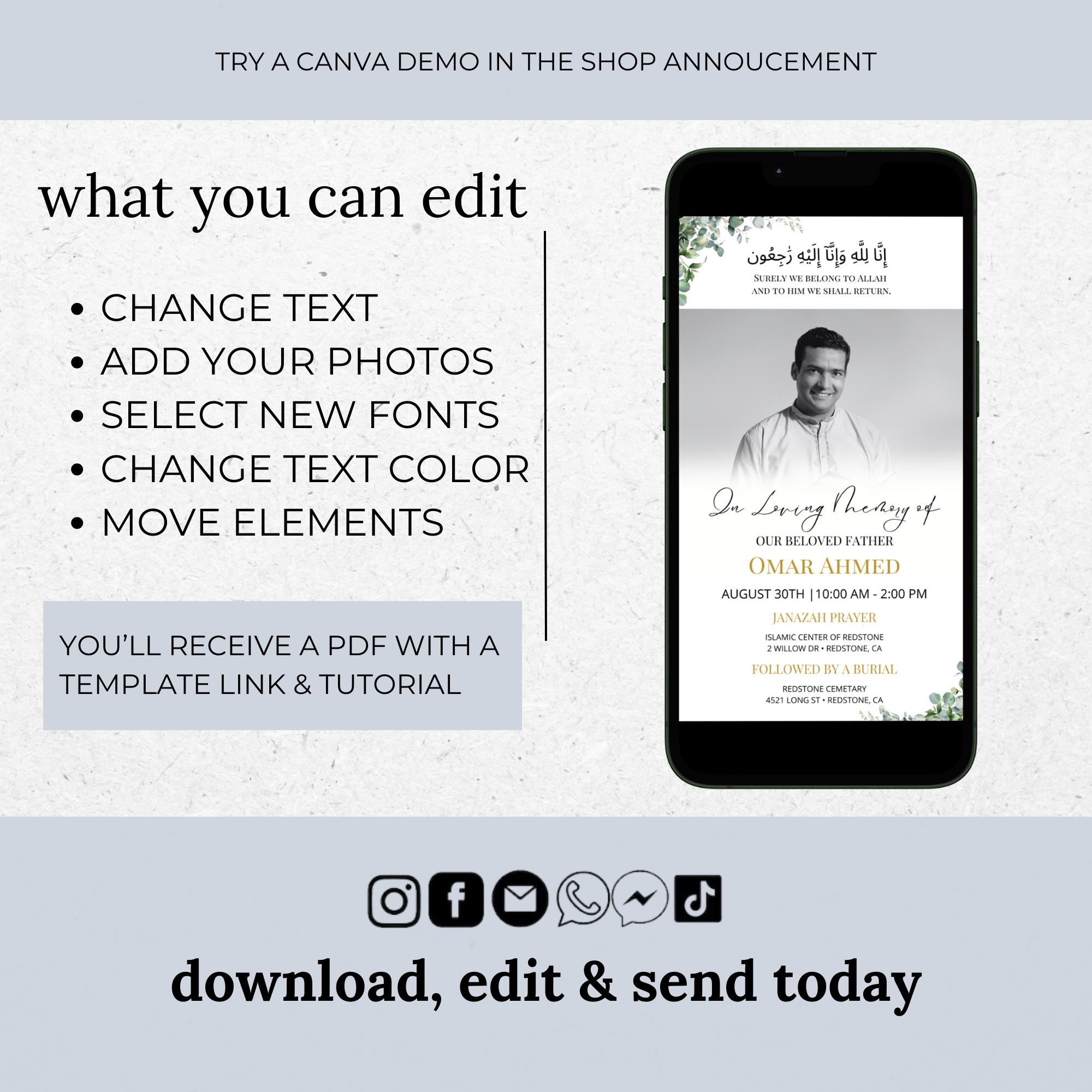 Muslim Funeral Invite, Janaza Invitation for Men, Islamic Digital ...