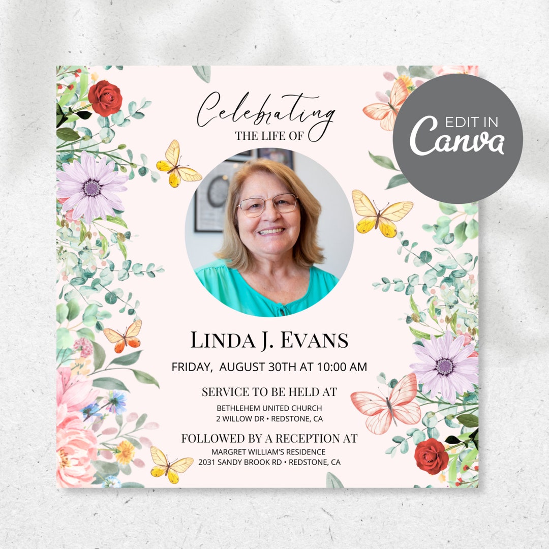 Funeral Invite Flyer With Butterflies, Digital Celebration of Life ...
