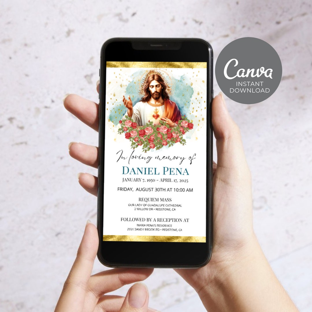Catholic Funeral Announcement, Sacred Heart of Jesus Memorial Invite ...