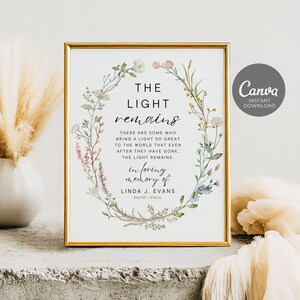 Memorial Table Sign Template, Memorial Sign for Funeral, the Light ...