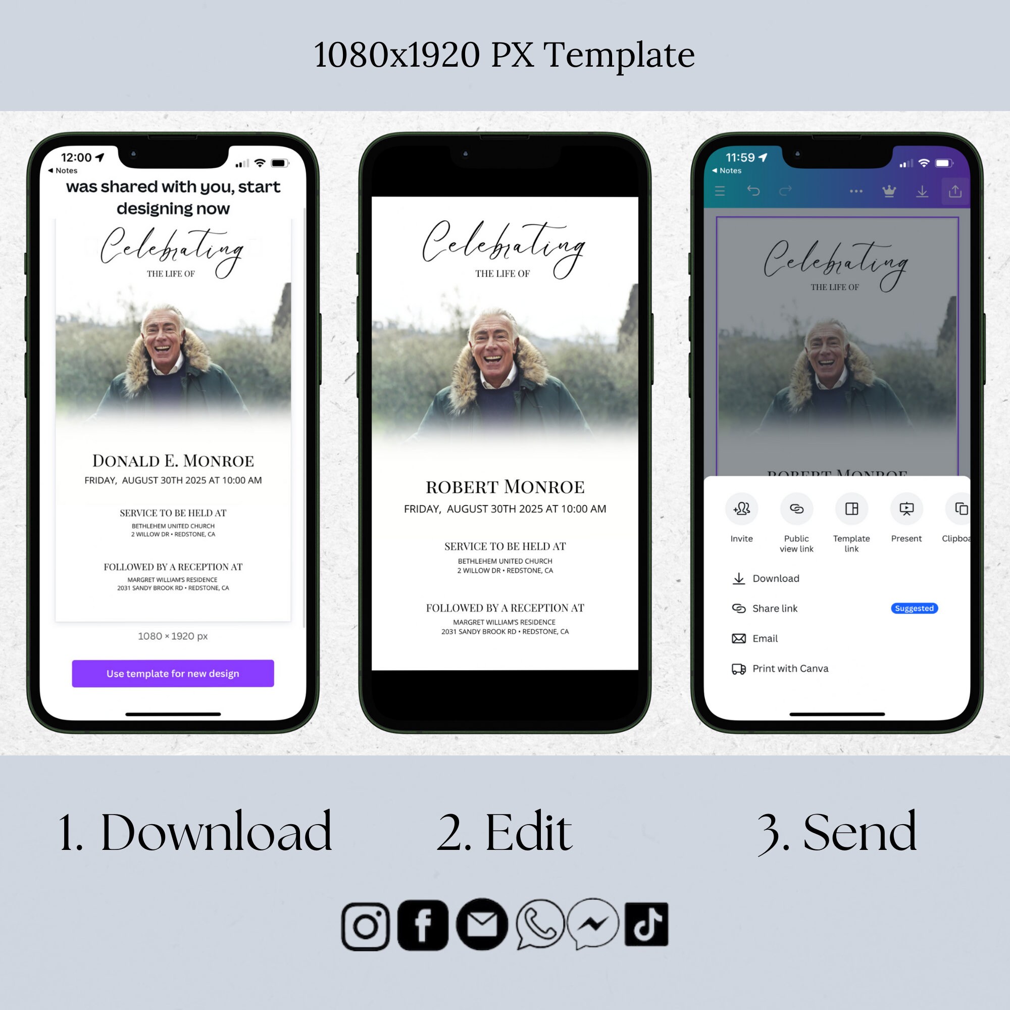 Digital Funeral Invitation Celebration of Life, Editable Electronic ...