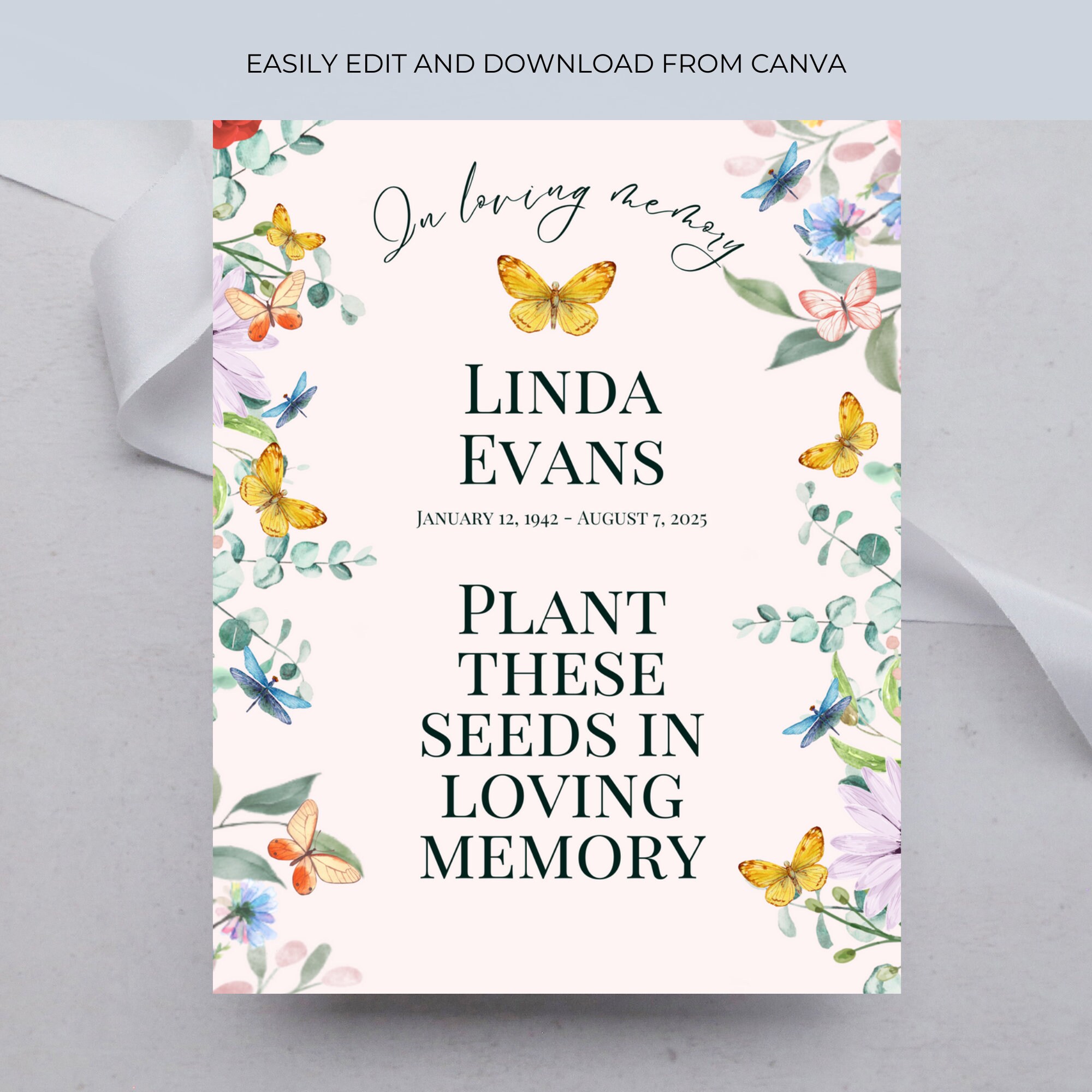 Funeral Favor Sign, Seed Packet Token Gift Poster, Editable Memorial ...