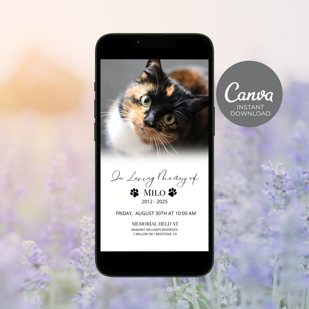 Pet Funeral Announcement, Cat Rainbow Bridge Memorial Invitation ...