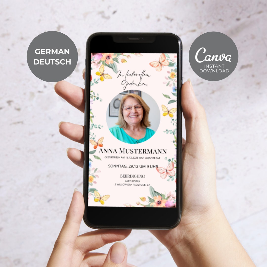 Elektronische Traueranzeige, Deutsch Obituary Editable Memorial Invite ...