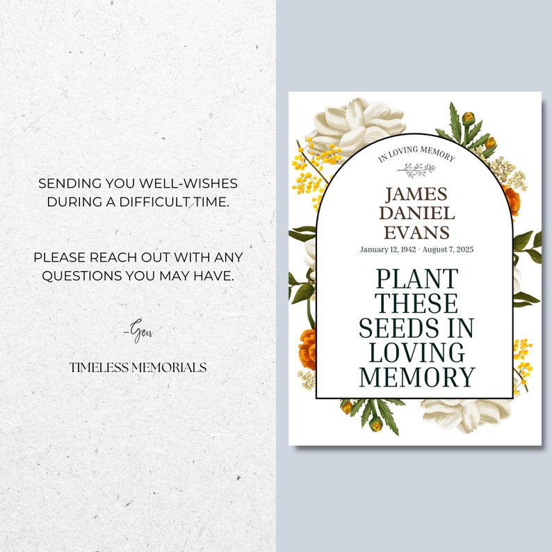 Funeral Favor Sign, Seed Packet Token Gift Poster, Editable Memorial ...