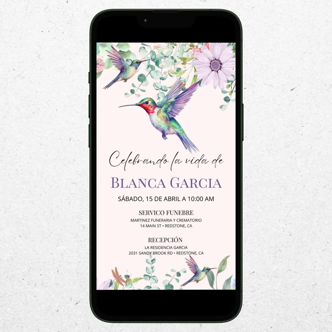 Spanish Funeral Announcement With Hummingbird, Digital Celebration of ...