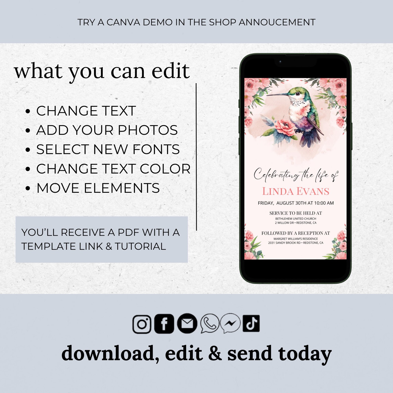Funeral Announcement With Hummingbird, Digital Celebration of Life ...