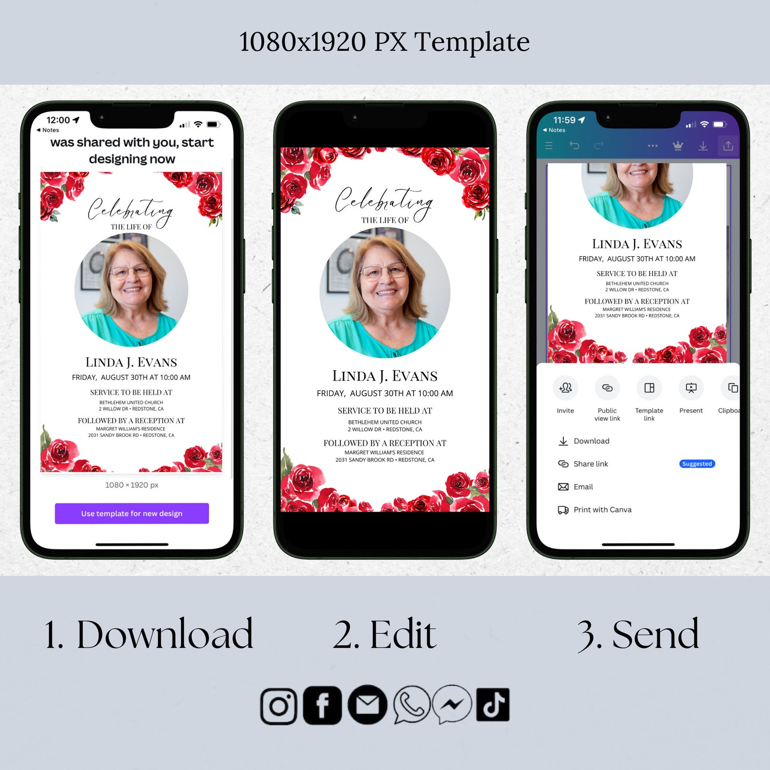 Funeral Announcement, Red Rose Obituary Template, Celebration of Life ...