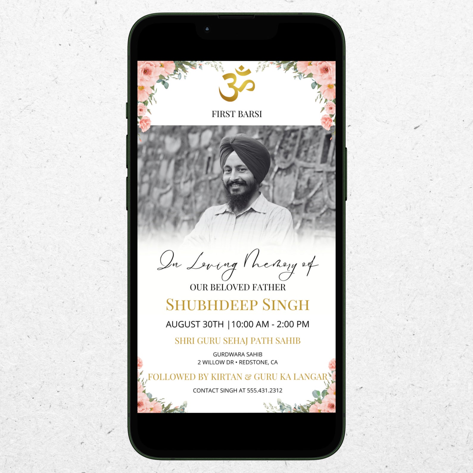 Sikh Funeral Invite, Men First Barsi Invitation, Editable Digital ...