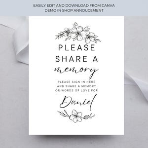 Memorial Table Sign Template, Share a Memory Sign, Funeral Memorial ...