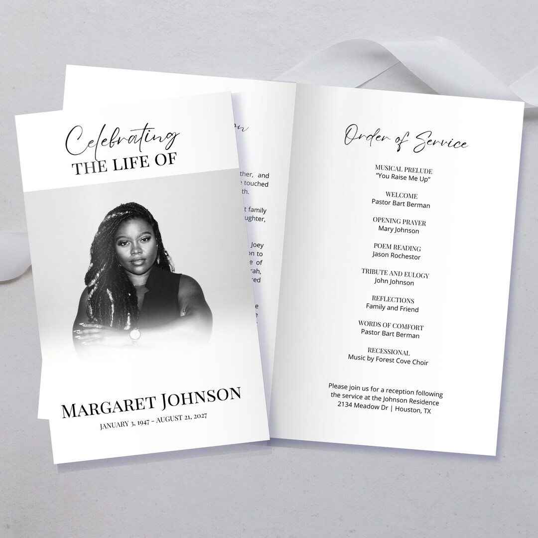 Funeral Program Template, Minimalist Printable Obituary Order of ...