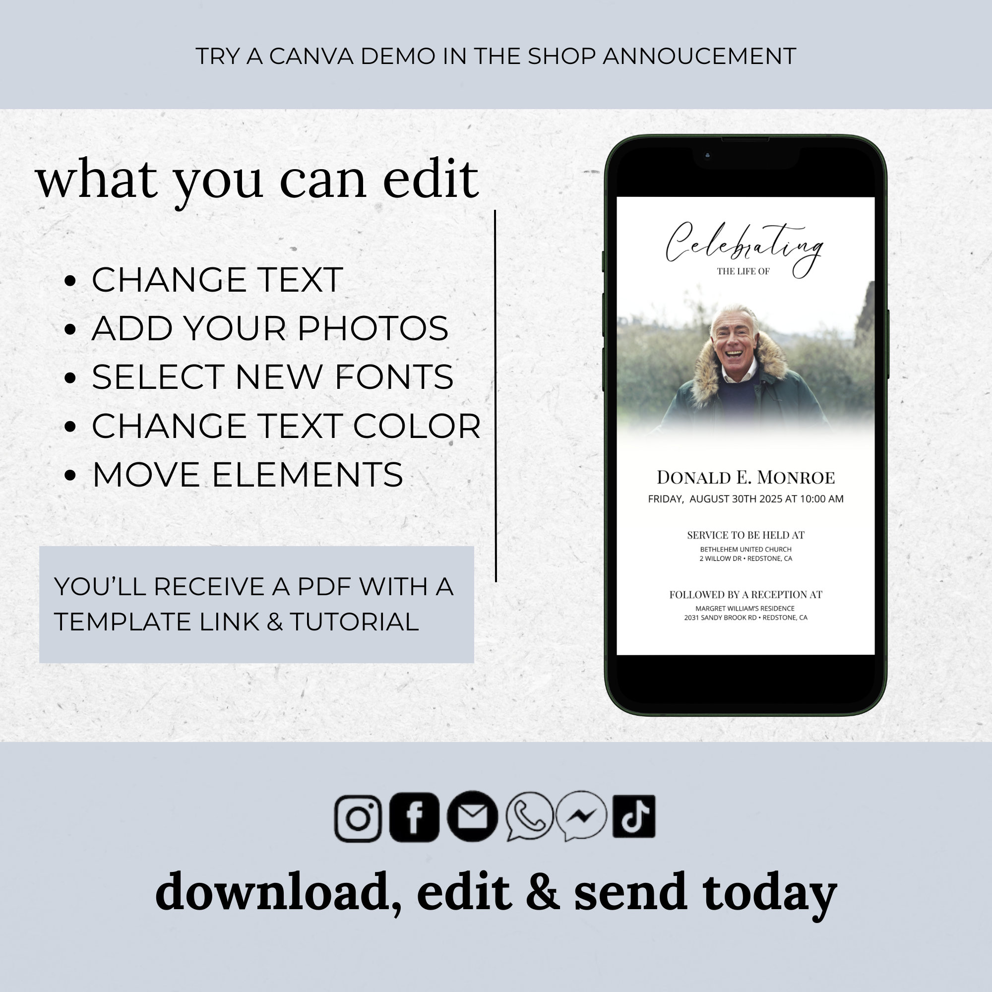 Digital Funeral Invitation Celebration of Life, Editable Electronic ...