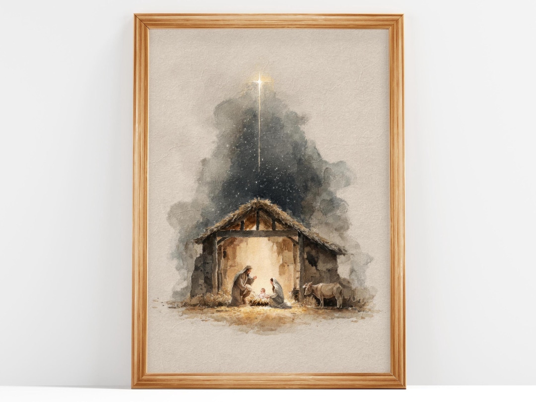 Watercolor Nativity Print: Holy Family, Stable Scene (digital Download ...