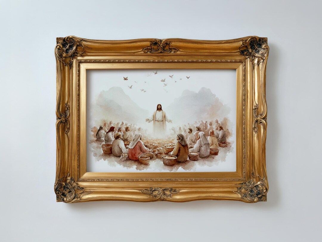 Jesus Feeding the 5000 Watercolor Print, Multiplication of Loaves Bible ...