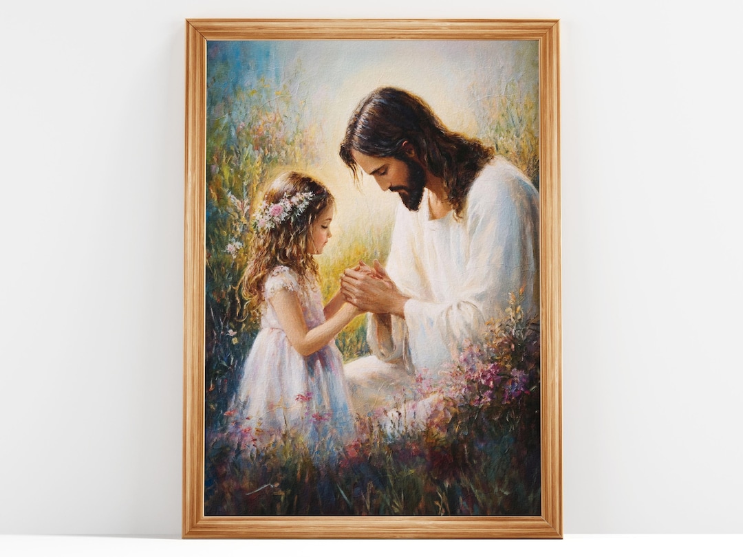 Jesus and Little Girl Praying, Modern Christian Art, Jesus Christ and ...